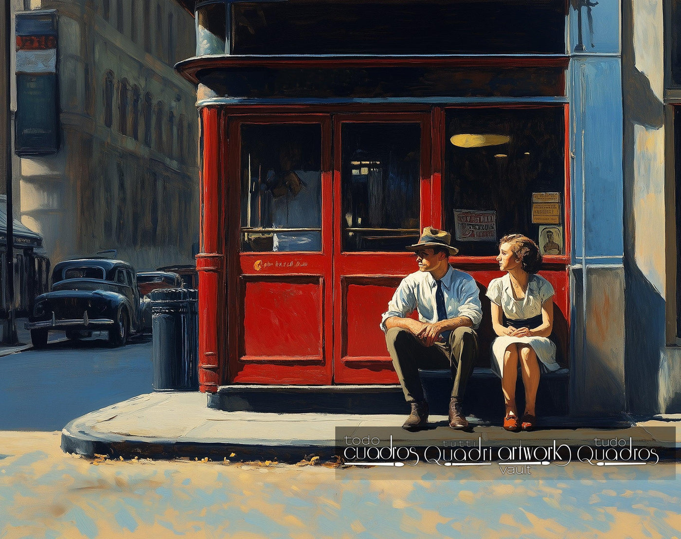 La espera compartida, cuadro al óleo estilo Hopper moderno